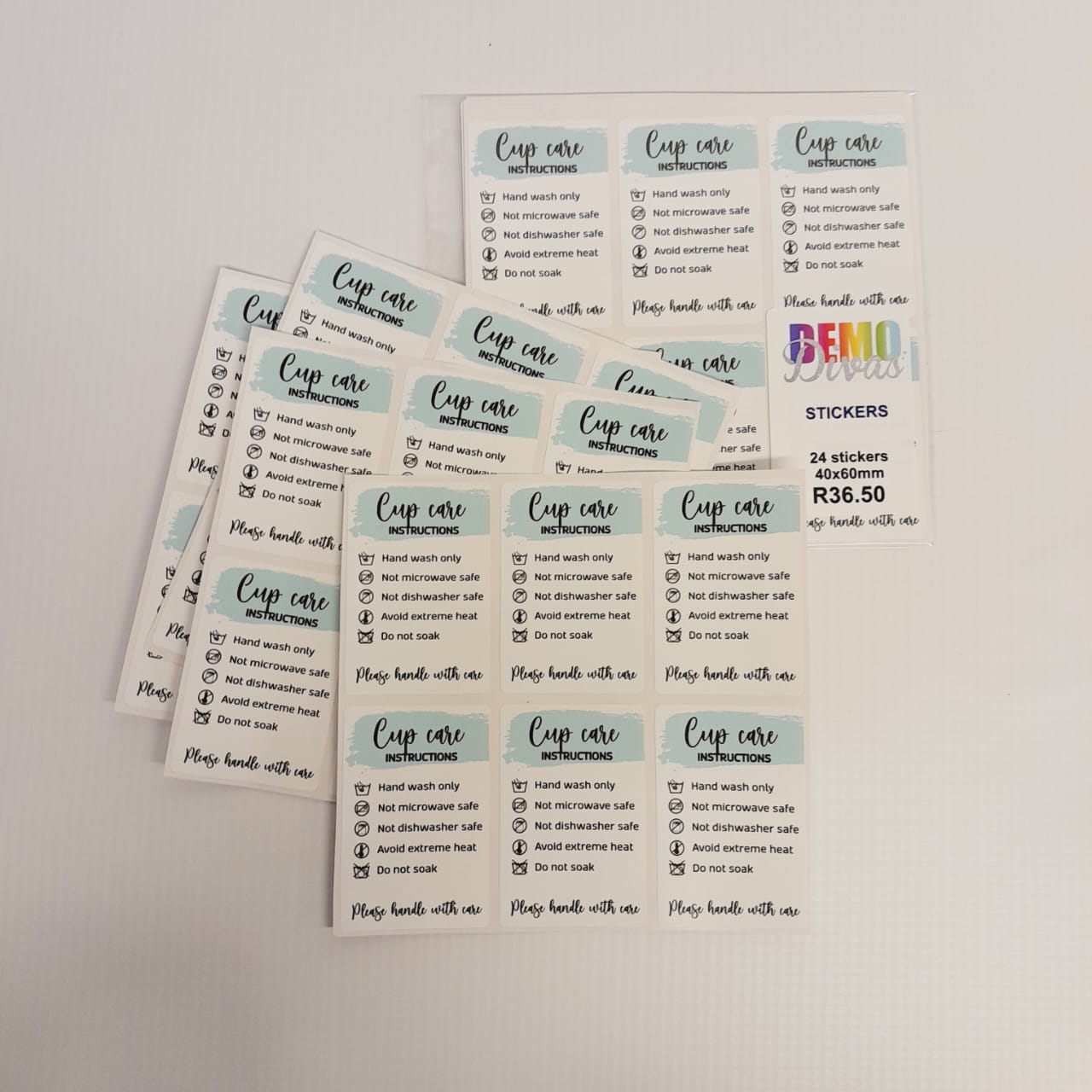 Cup care instructions sticker – Demo Divas